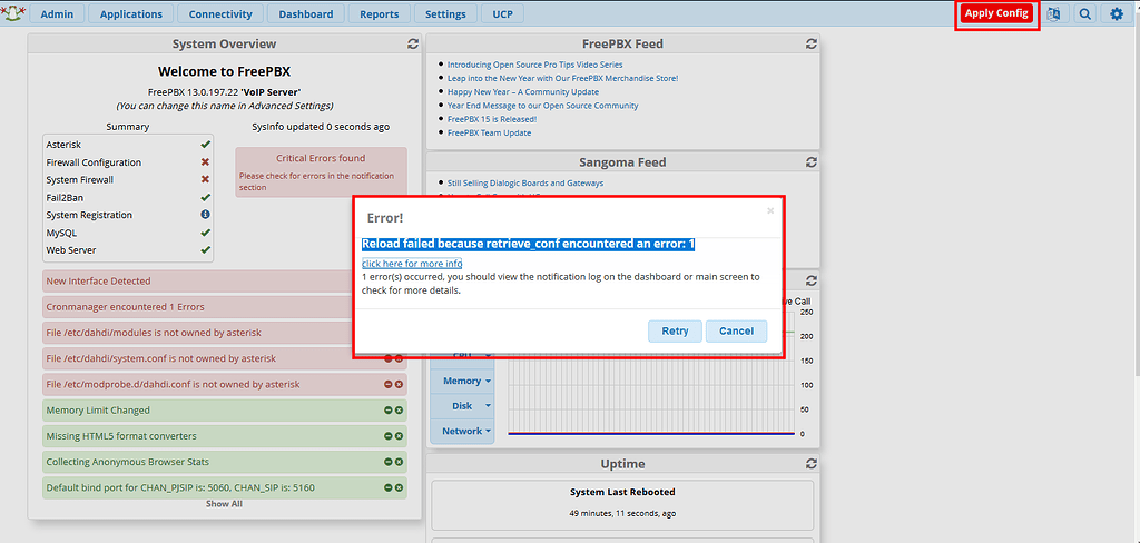How to solve "Cronmanager error /var/lib/asterisk/bin/module_admin listonline > /dev/null 2>&1 ...