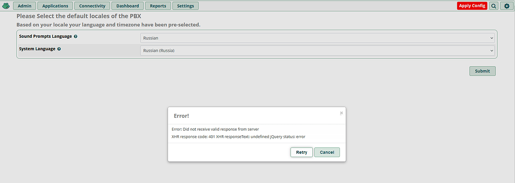 Error: Did not receive valid response from server - General Help - FreePBX Community Forums