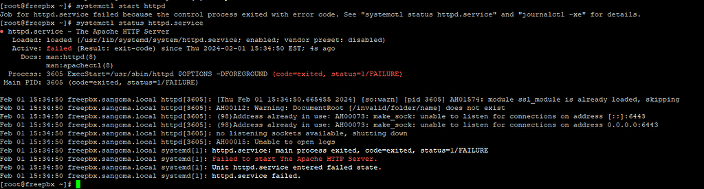 Apache HTTP Server Failed to Start - System Administration - FreePBX Community Forums